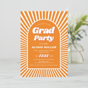 Retro groovy orange sunrays 70s Graduation Invitation | Zazzle