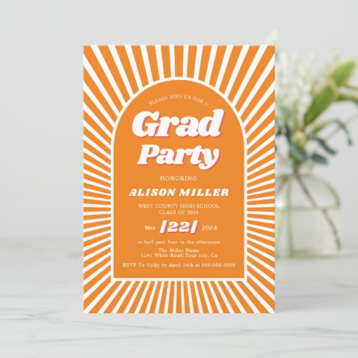 Retro groovy orange sunrays 70s Graduation Invitation | Zazzle