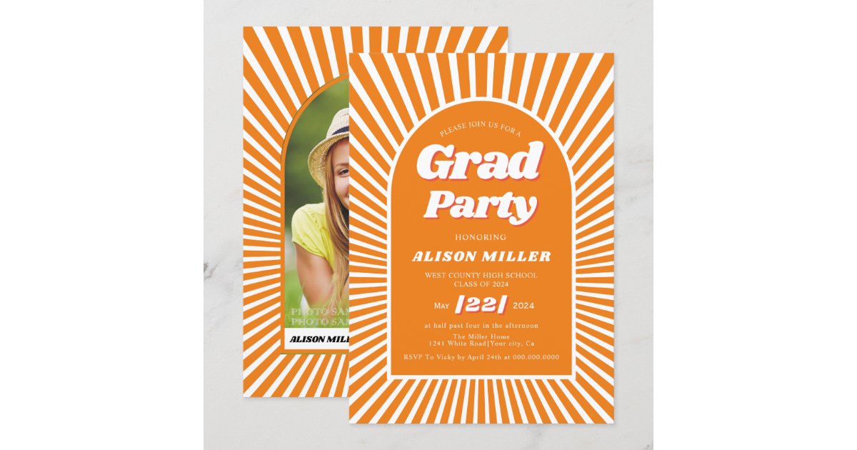 Retro groovy orange sunrays 70s Graduation Invitation | Zazzle