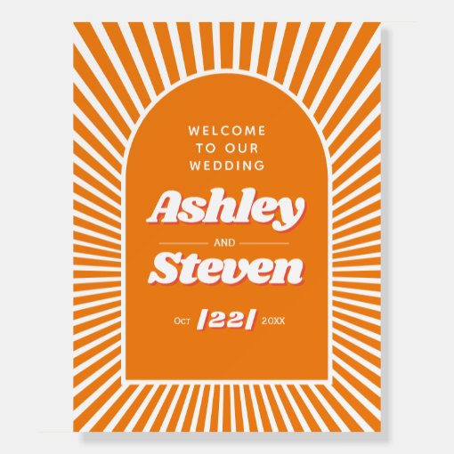 Retro groovy orange sunrays 70s inspired wedding foam board | Zazzle