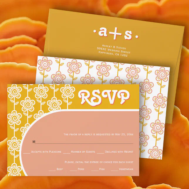Retro groovy peach and yellow 70s wedding RSVP | Zazzle