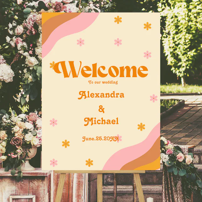 Retro Groovy Pink and Gold Wave Wedding Foam Board | Zazzle