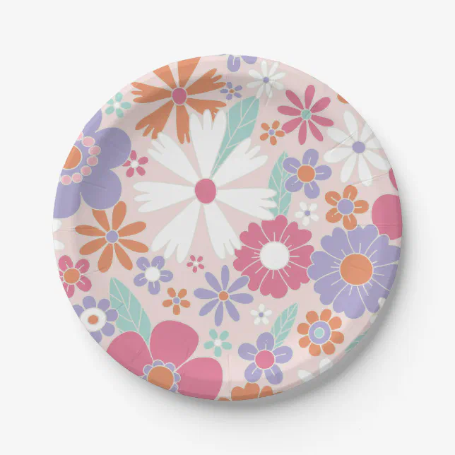 Retro Groovy Pink Floral Paper Plates | Zazzle