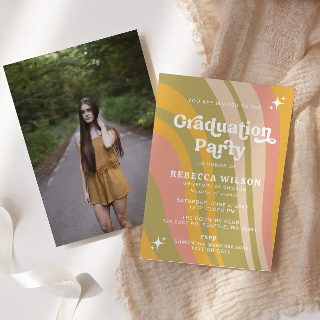 Retro Groovy Pink Green 70s Graduation Party Photo Invitation | Zazzle
