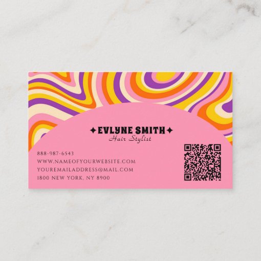 Retro Groovy Pink Yellow QR Code 70s Psychedelic Business Card | Zazzle