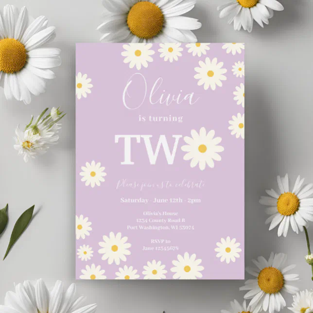 Retro Groovy Purple Daisy Floral Birthday party Invitation | Zazzle