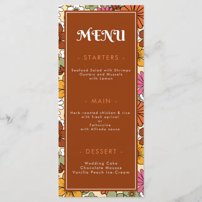Retro Groovy Seventies Daisy Floral Hippie Wedding Menu | Zazzle
