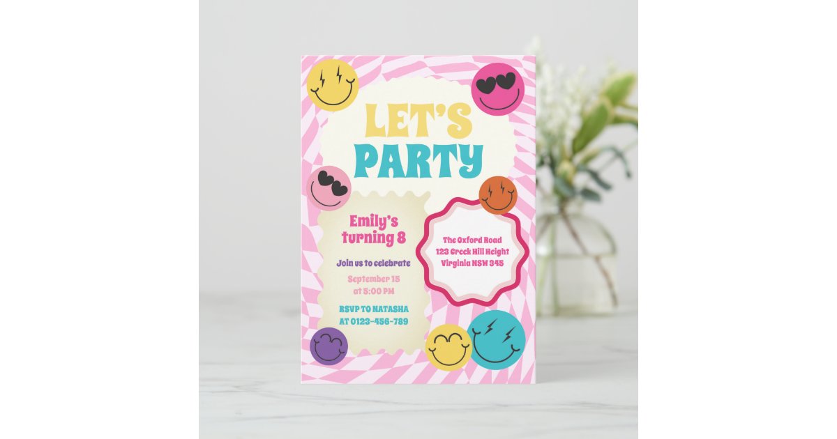 Retro Groovy Smiles Colorful Birthday Invitation | Zazzle