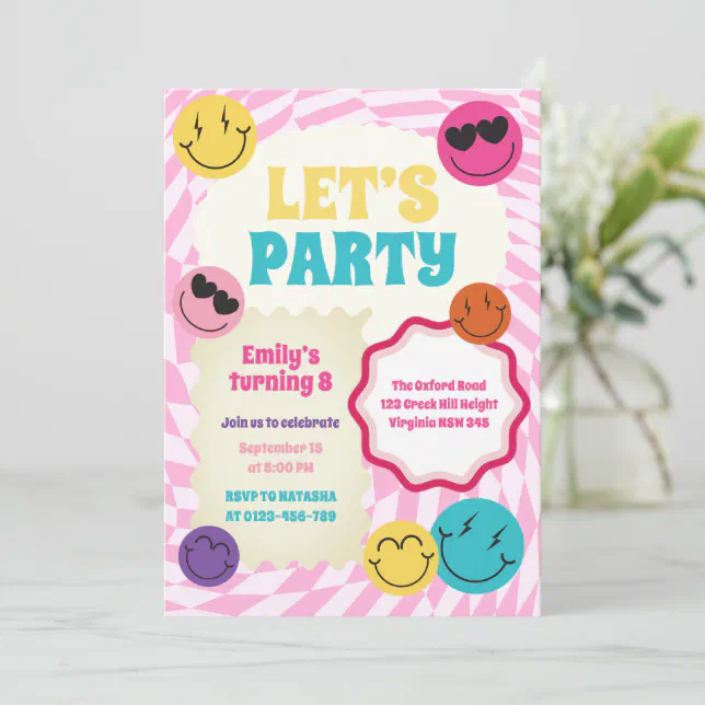 Retro Groovy Smiles Colorful Birthday Invitation | Zazzle