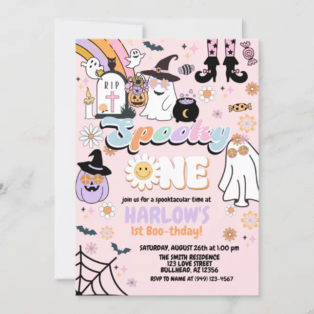 Retro Groovy Spooky One Halloween 1st Birthday Invitation | Zazzle