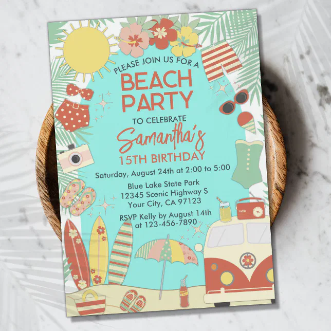 Retro Groovy Stylish Beach or Pool Birthday Party Invitation | Zazzle