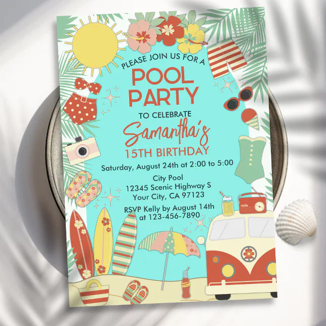 Retro Groovy Stylish Beach or Pool Birthday Party Invitation | Zazzle