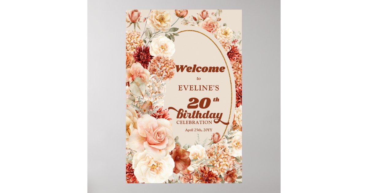 Retro Groovy terracotta boho 20th birthday Welcome Poster | Zazzle
