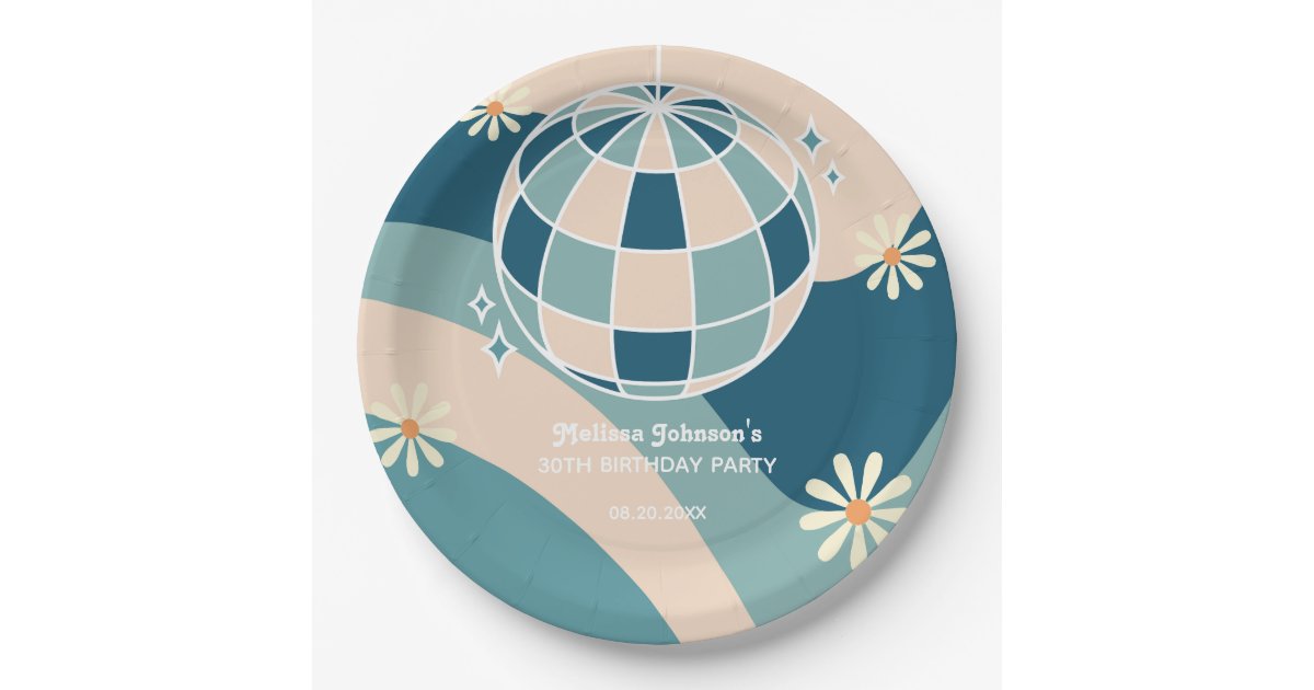 Retro Groovy Wave Disco Ball Daisy Green Birthday Paper Plates | Zazzle