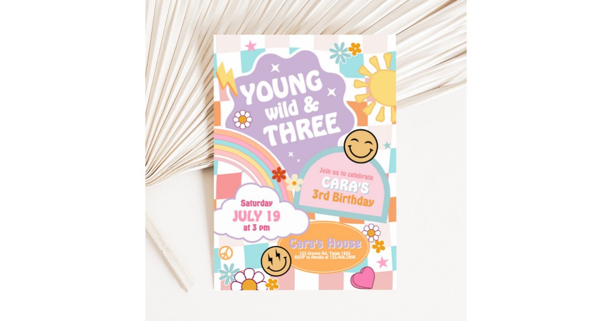 Retro Groovy Young Wild and Three Birthday Party Invitation | Zazzle