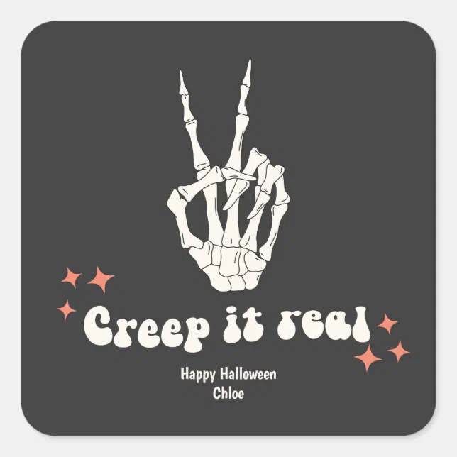 Retro Halloween Creep it Real Skeleton Square Stic Square Sticker | Zazzle