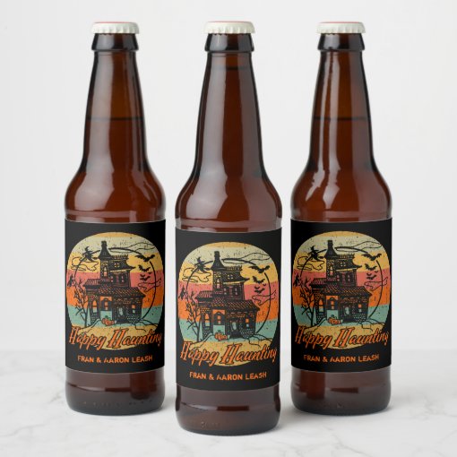 Retro Halloween Happy Haunting Haunted House Beer Bottle Label | Zazzle