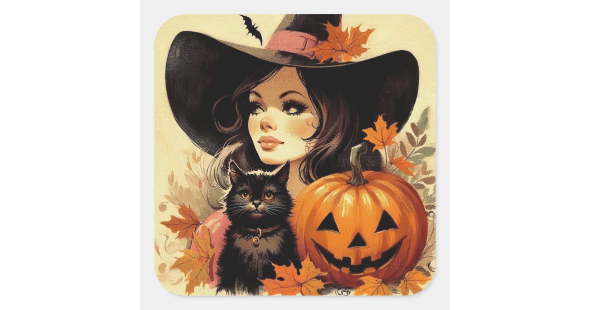 Retro Halloween Witch and Black Cat Spooky Square Sticker | Zazzle