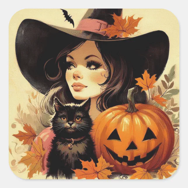 Retro Halloween Witch and Black Cat Spooky Square Sticker | Zazzle