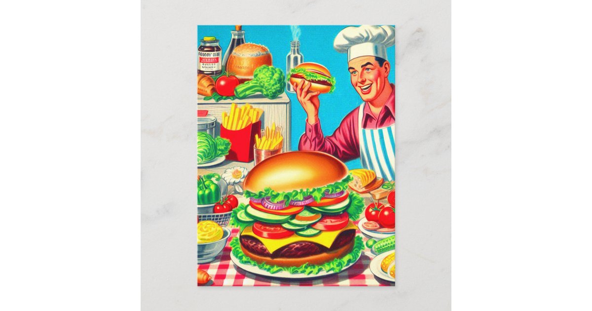 Retro Hamburger Comic Illustration Postcard | Zazzle