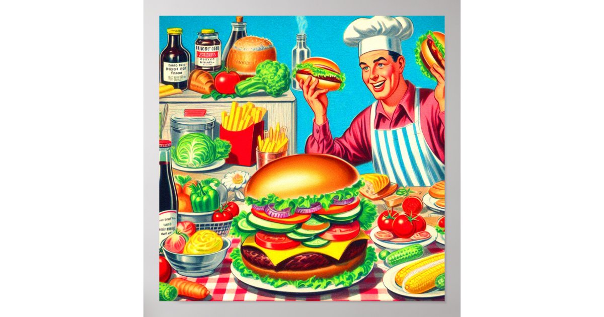 Retro Hamburger Comic Illustration Poster | Zazzle