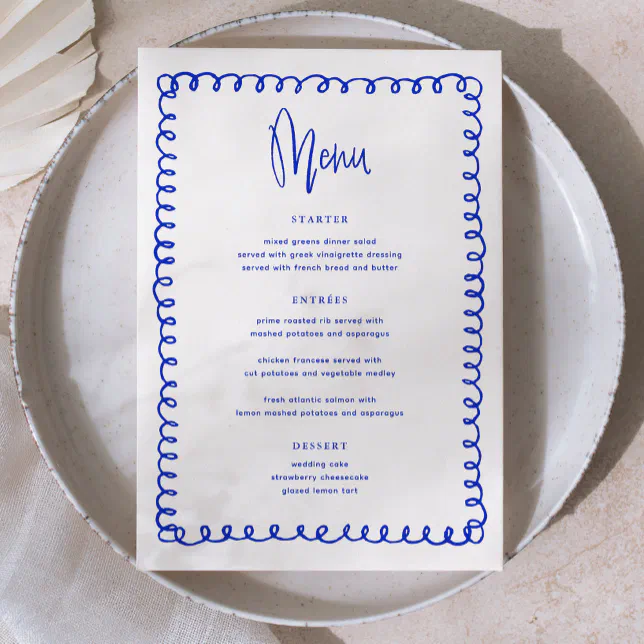 Retro Hand Drawn Blue French Wedding Menu | Zazzle