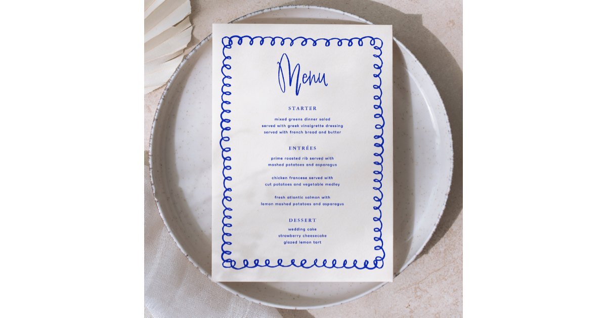 Retro Hand Drawn Blue French Wedding Menu | Zazzle