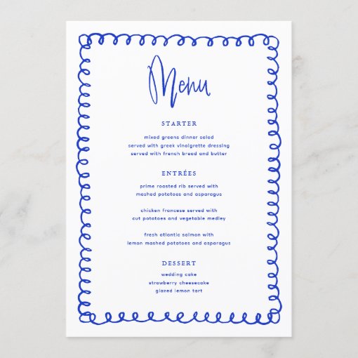 Retro Hand Drawn Blue French Wedding Menu | Zazzle