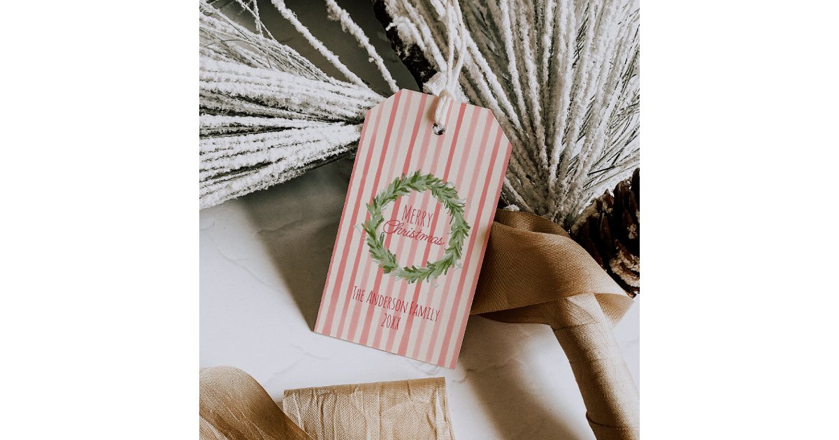 Retro Hand Drawn Red Green Merry Christmas Wreath Gift Tags | Zazzle