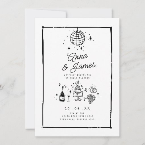 Retro hand drawn whimsical trendy funky wedding invitation | Zazzle