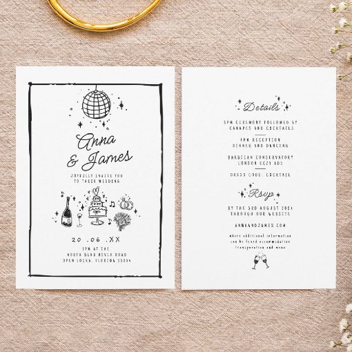 Retro hand drawn whimsical trendy funky wedding invitation | Zazzle