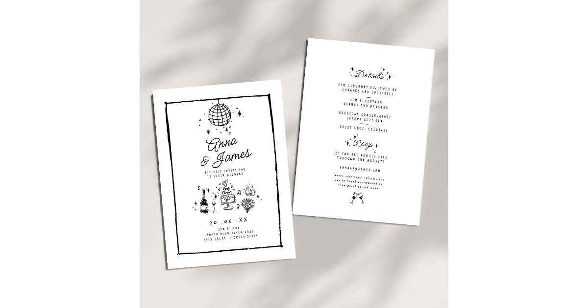Retro hand drawn whimsical trendy funky wedding invitation | Zazzle