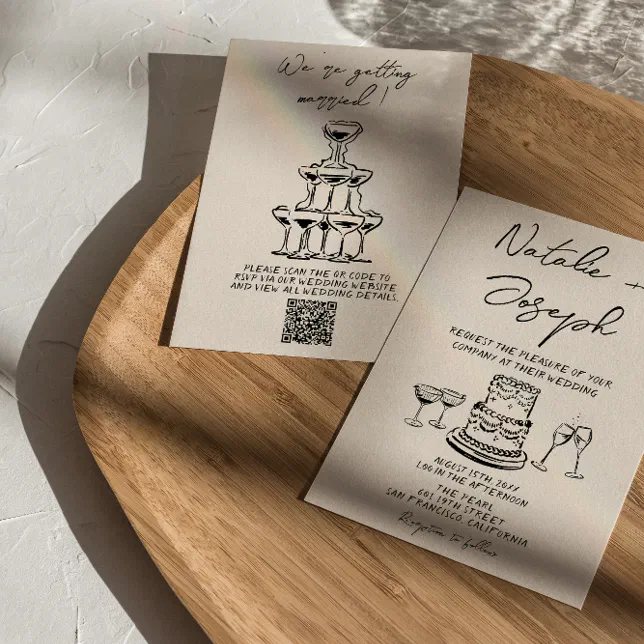 Retro Hand Drawn Written Cake QR Code Wedding Invitation | Zazzle