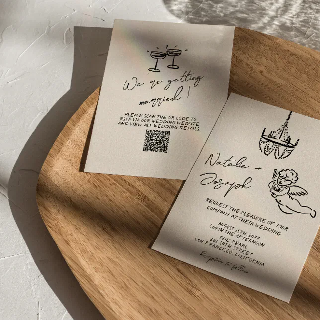 Retro Hand Drawn Written Quirky QR Code Wedding Invitation | Zazzle