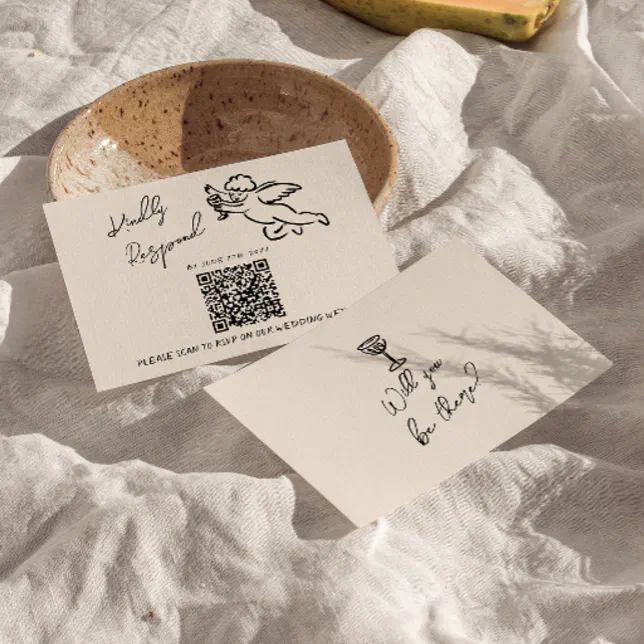 Retro Hand Written Drawn Cupid QR Code Wedding RSVP Card | Zazzle