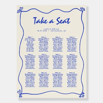 Retro Handwritten Blue Seating Chart Foam Board | Zazzle