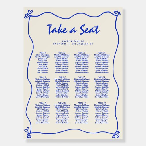 Retro Handwritten Blue Seating Chart Foam Board | Zazzle