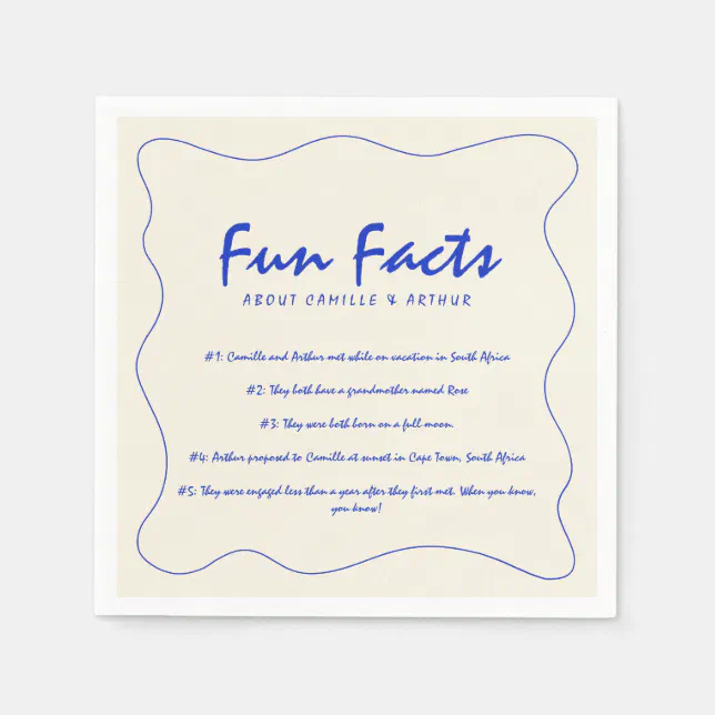 Retro Handwritten Fun Facts Blue Wedding Napkins | Zazzle