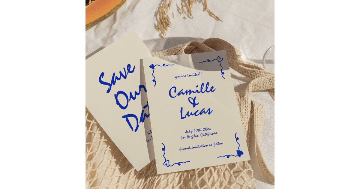 Retro Handwritten Whimsical Blue Save the dates Invitation | Zazzle