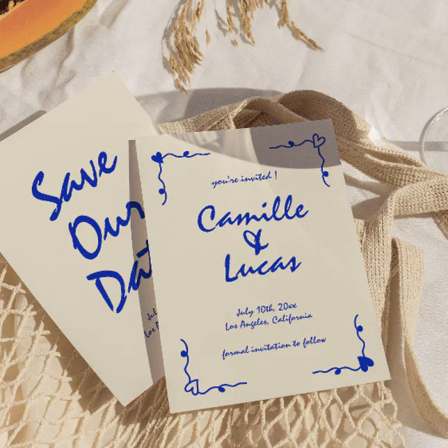 Retro Handwritten Whimsical Blue Save the dates Invitation | Zazzle