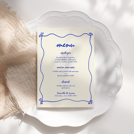 Retro Handwritten Whimsical Blue Wedding Menu Invitation | Zazzle