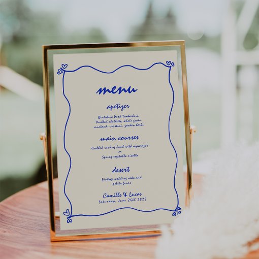 Retro Handwritten Whimsical Blue Wedding Menu Invitation | Zazzle