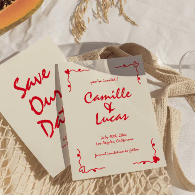 Retro Handwritten Whimsical Red Save the dates Invitation | Zazzle