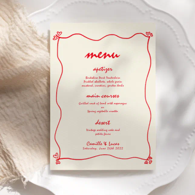 Retro Handwritten Whimsical Red Wedding Menu Invitation | Zazzle