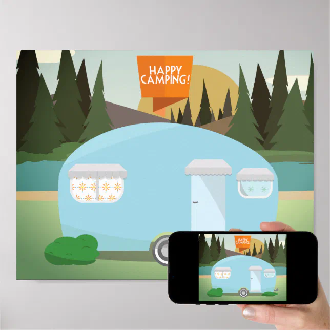 Retro Happy Camping, Vintage Camper Poster | Zazzle