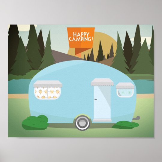Retro Happy Camping, Vintage Camper Poster | Zazzle.com