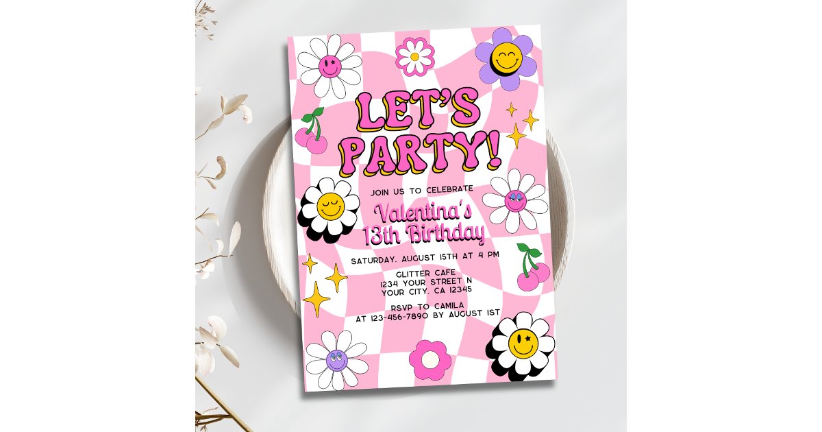 Retro Happy Smile Face Pink Checkered Birthday Invitation | Zazzle