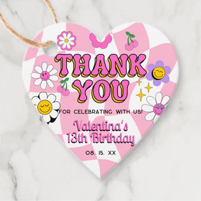 Retro Happy Smile Face Pink Checkered Fun Birthday Favor Tags | Zazzle