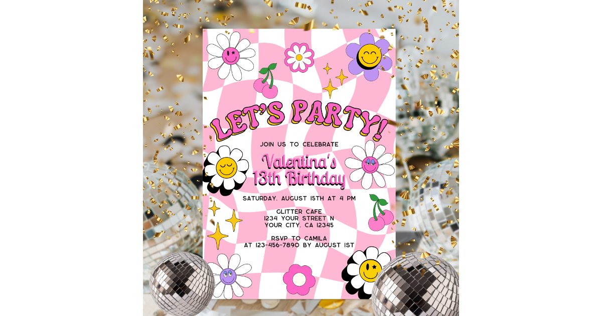 Retro Happy Smile Face Pink Checkered Fun Birthday Invitation | Zazzle