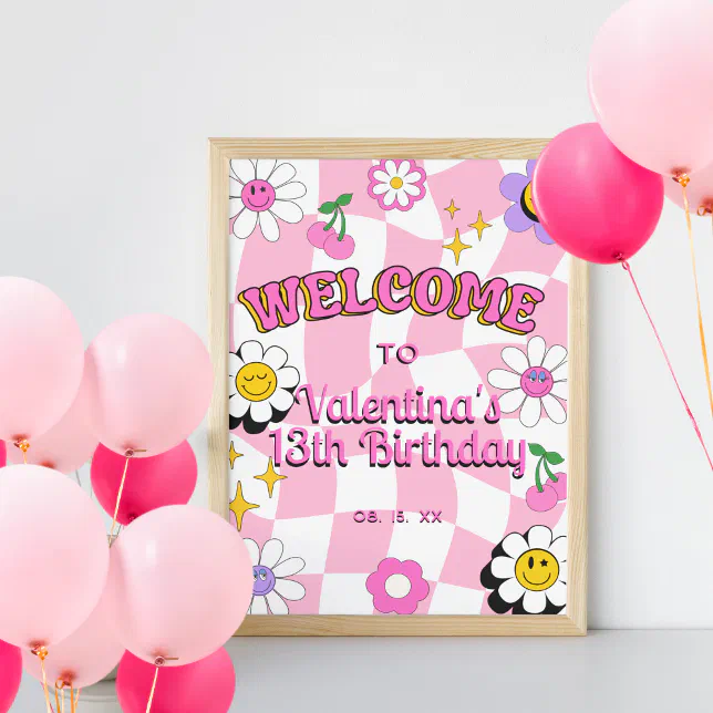 Retro Happy Smile Face Pink Checkered Welcome Poster | Zazzle